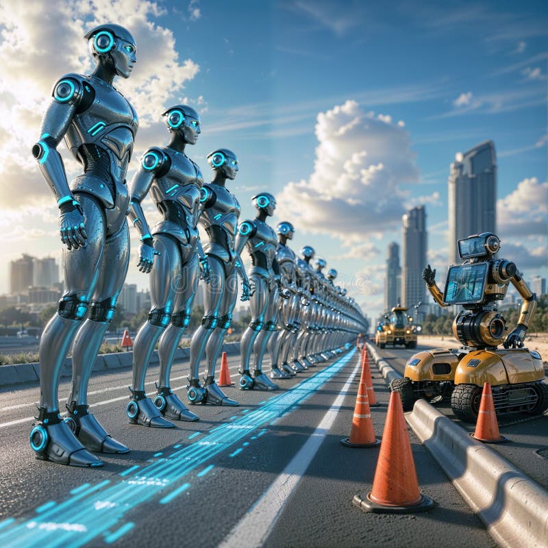Futuristic Construction Robots on Building Site Stock Illustration ...