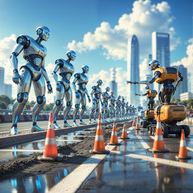 Futuristic Construction Robots on Building Site Stock Illustration ...