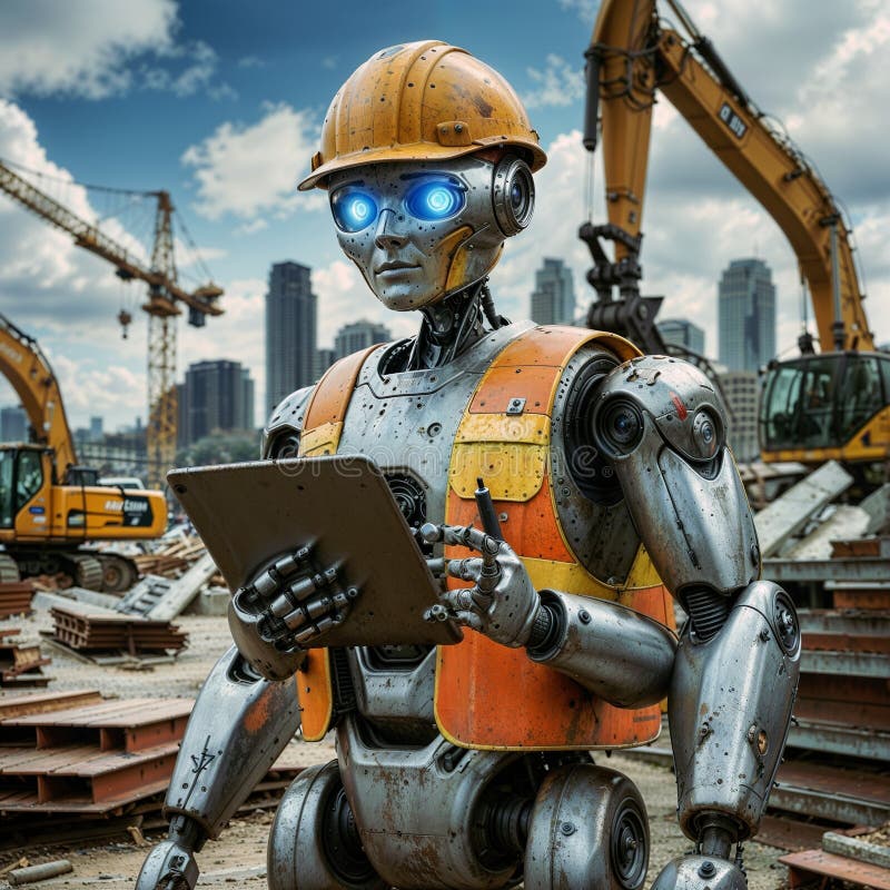 Futuristic Construction Robots Operating Advanced Machinery on a High ...