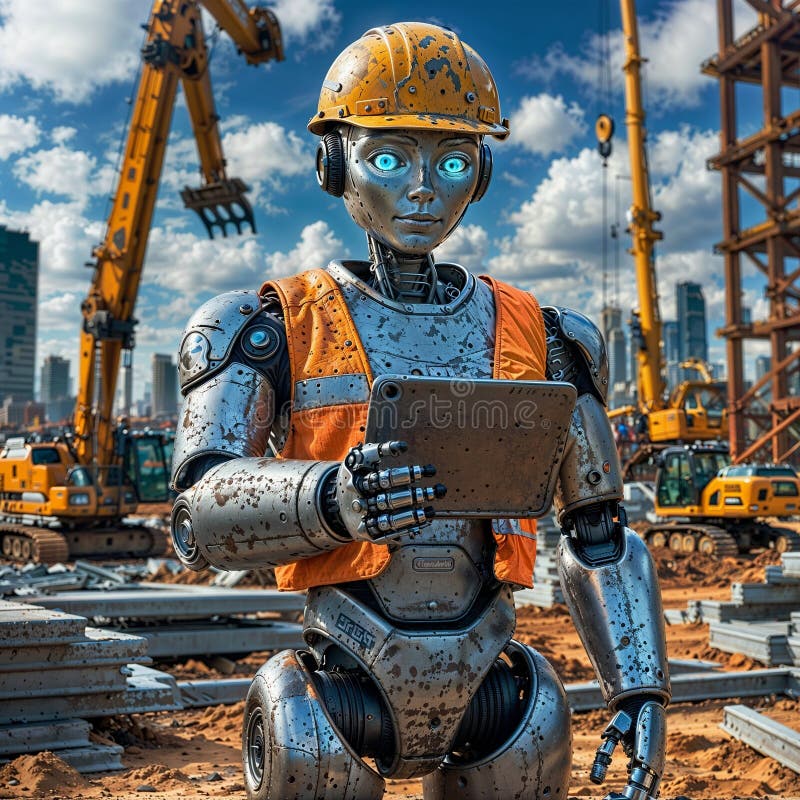 Futuristic Construction Robots Operating Advanced Machinery on a High ...