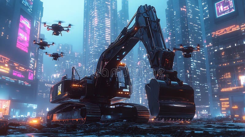 Futuristic Construction Site with Autonomous Excavator and Hovering ...