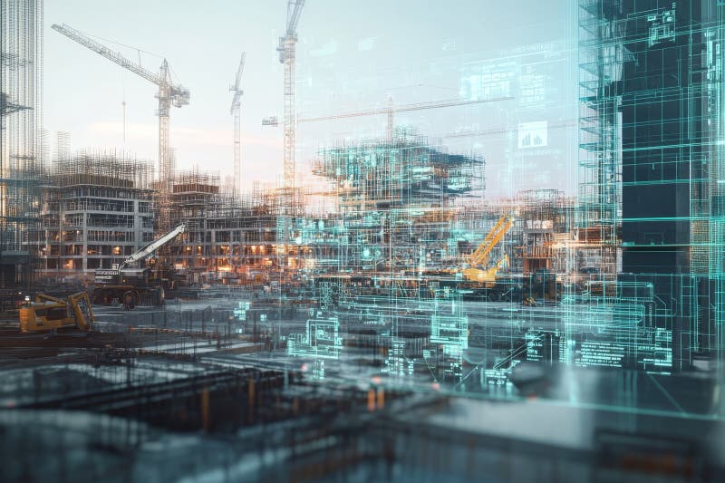 Futuristic Construction Site Featuring Holographic Data and Ai Tools ...
