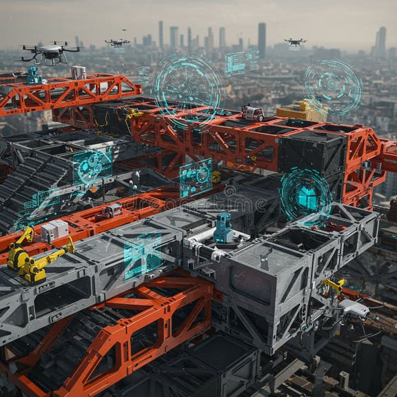 Futuristic Construction Site Featuring Red and Gray Modular Structures with Conveyor Stock ...