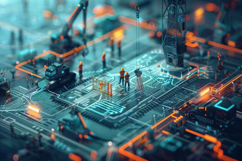 Futuristic Construction Site Group of Engineers Work on Holographic ...