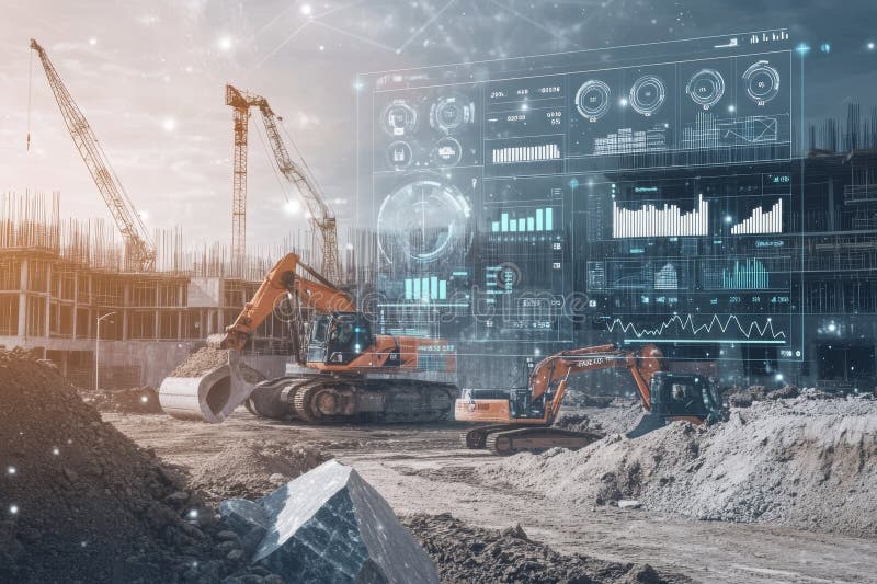 Futuristic Construction Site with Interactive Display of Equipment Data and Structural Analysis ...