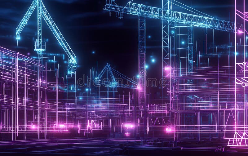 Futuristic Construction Site with Neon Lights and Cranes at Night ...