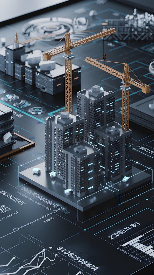 Futuristic Construction Site with 3D Models of Buildings, Cranes, and ...