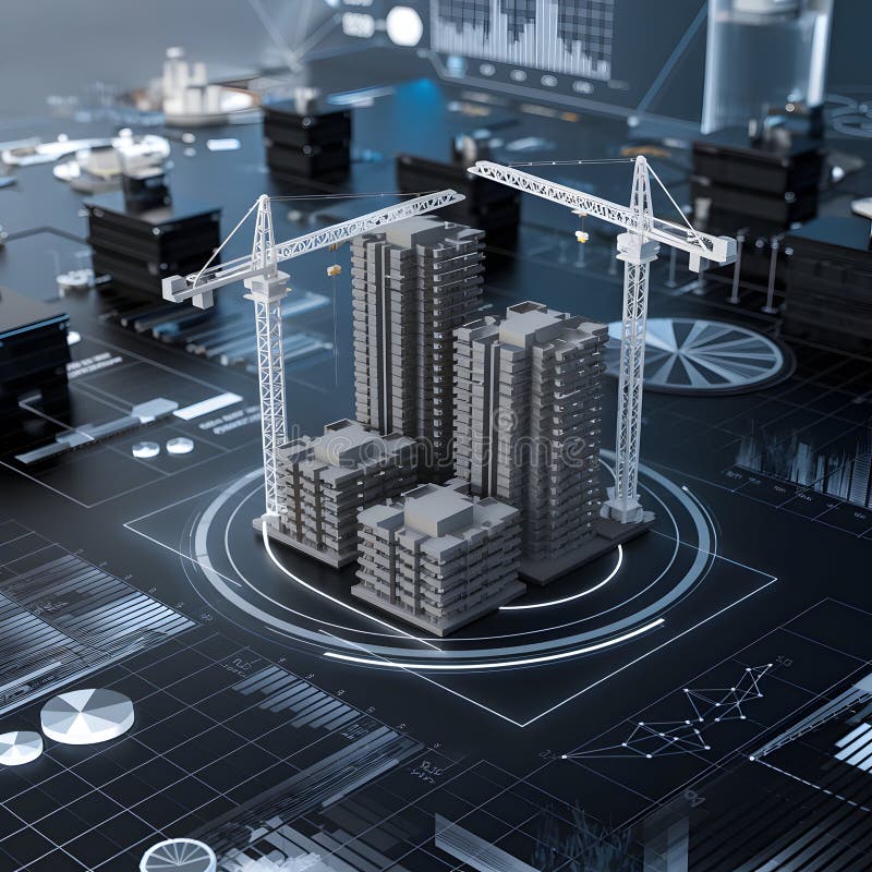 Futuristic Construction Site with 3D Models of Buildings, Cranes, and ...