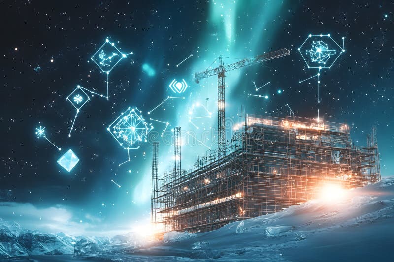 Futuristic Construction Under Glowing Aurora Borealis with Floating Celestial Icons Stock ...