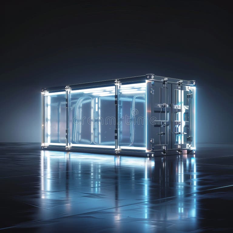 Futuristic Container on Glossy Reflective Water Surface Stock ...