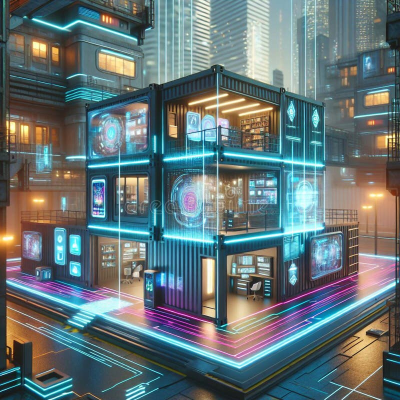 A Futuristic Container Home with Glowing Screens, Showcasing the ...