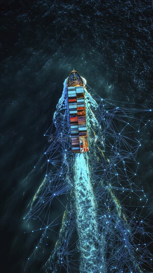 Futuristic Container Ship with Ocean and Blue Network Stock ...