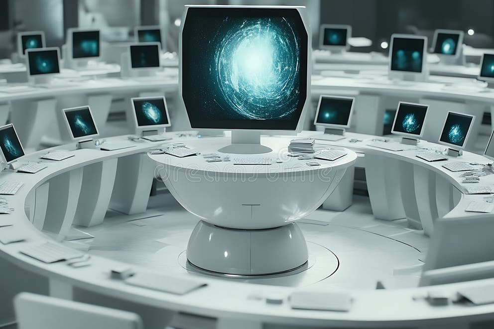 Futuristic Control Center Circular Workstation with Multiple Computer Screens Displaying ...