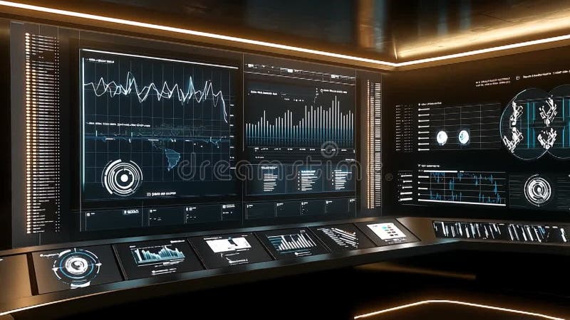Futuristic Control Center with Multiple Screens Displaying Complex Data Visualizations and ...