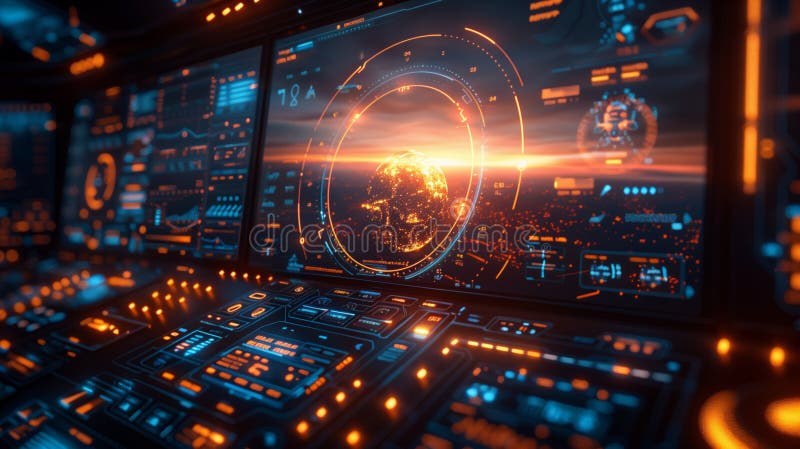Futuristic Control Panel with Earth Display at Sunset Stock Photo ...