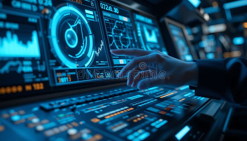 Futuristic Control Panel with Glowing Blue Interfaces in a High-tech ...