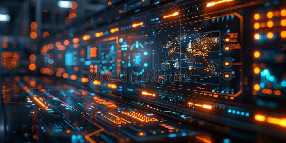 Futuristic Control Panel with Glowing Blue and Orange Interface ...