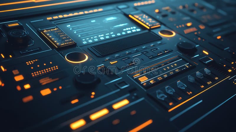 Futuristic Control Panel with Glowing Buttons and Screens in a Dark ...