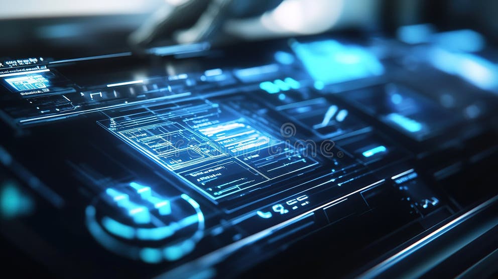 Futuristic Control Panel with Glowing Interface Displaying Data Metrics in a High-tech Lab ...