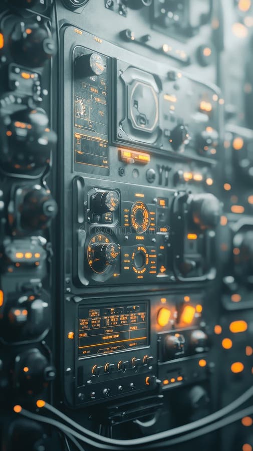 Futuristic Control Panel with Glowing Orange Digital Displays and ...