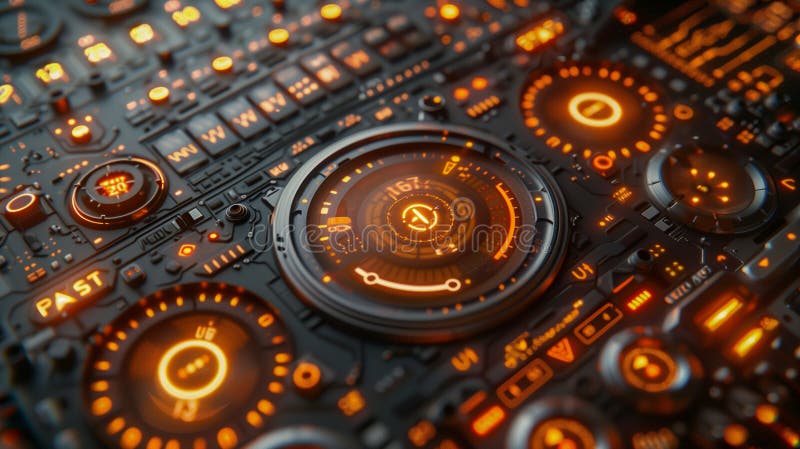 Futuristic Control Panel with Glowing Orange Interfaces Stock ...