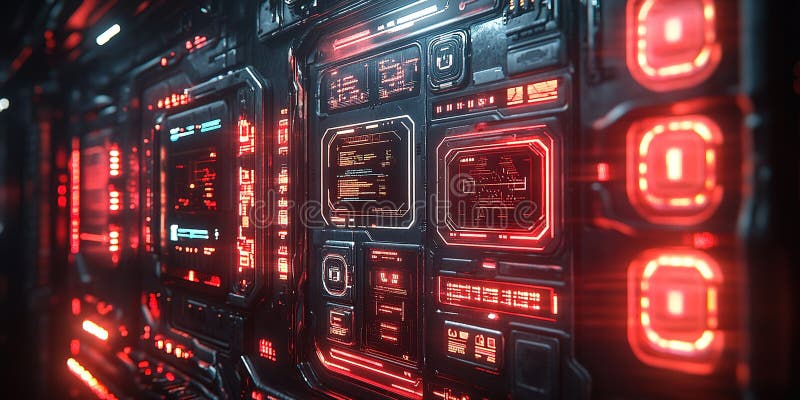 Futuristic Control Panel with Glowing Red and Blue Interfaces in a Dark ...