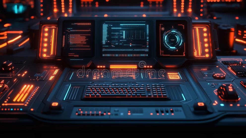 Futuristic Control Panel with Glowing Screens and Keyboard Interface ...