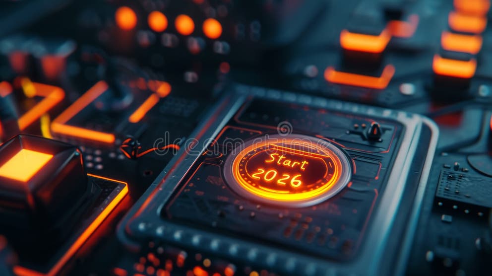 Futuristic Control Panel with Glowing Start Button Stock Photo - Image ...