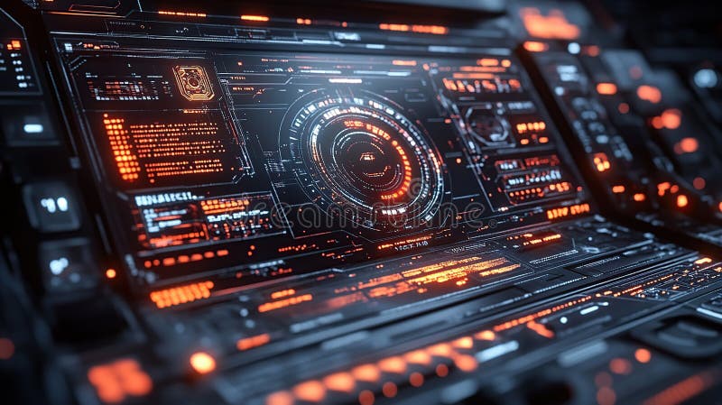 Futuristic Control Panel Glows Orange in Dark Spaceship Stock Photo ...
