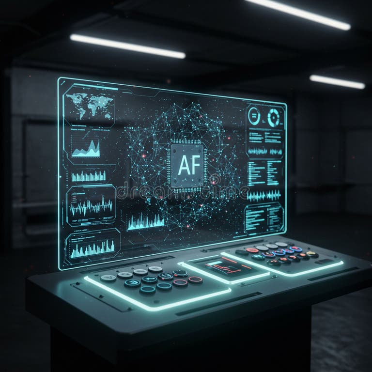 Futuristic Control Panel with a Holographic Interface Displaying Detailed Graphs, Maps Stock ...