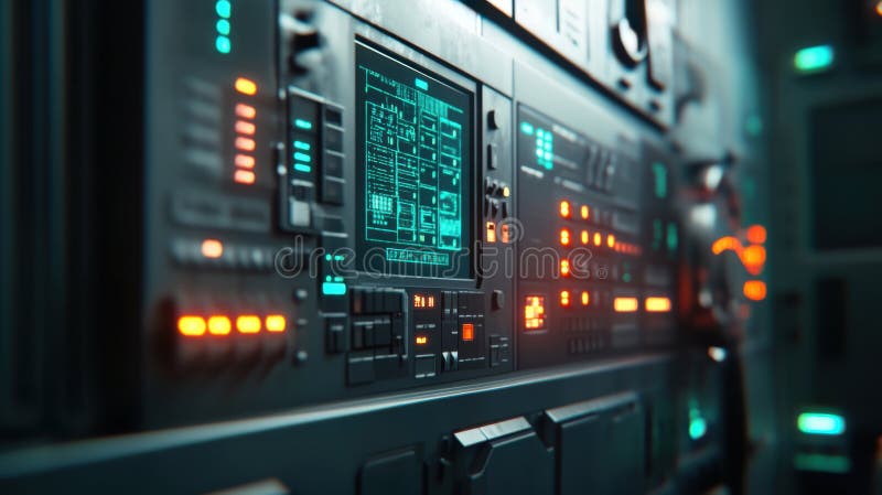 Futuristic Control Panel with Illuminated Screens and Buttons in High ...