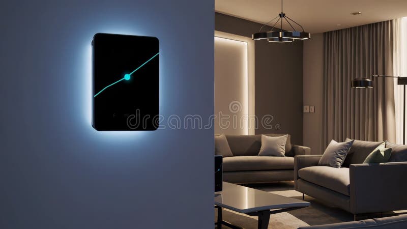 Smart Home Control Panel Activating Lights in Modern Living Room Stock ...