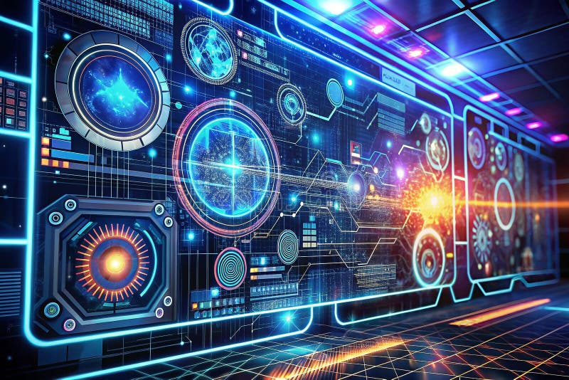 Futuristic Control Panel in a Modern Tech Corridor Stock Illustration ...