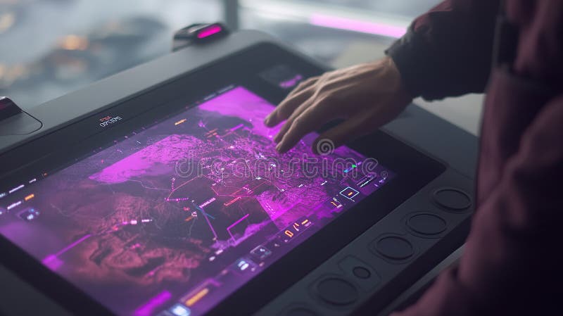 Futuristic Control Panel Operator Interacts with Tactical Map Display ...