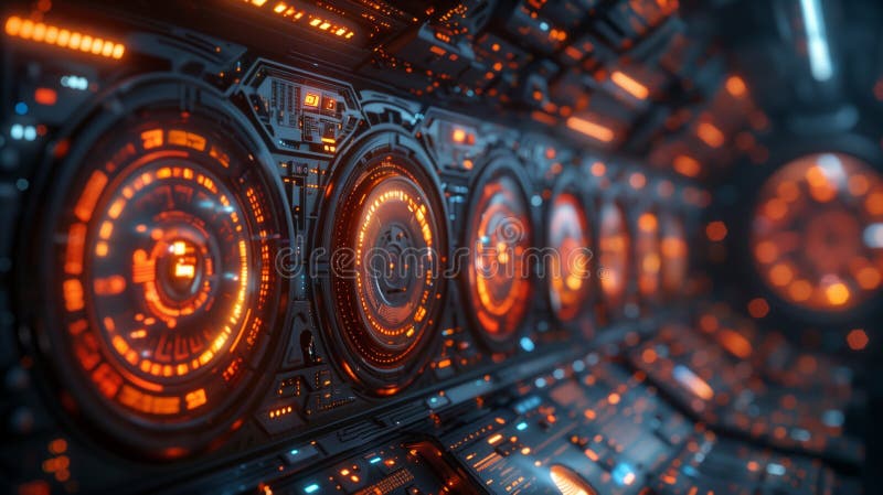 Futuristic Control Panel with Orange Lights in a Spaceship Cockpit ...