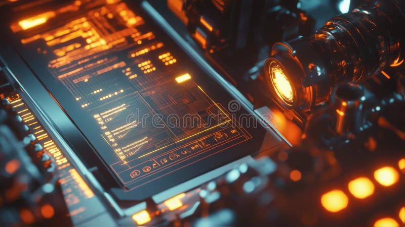 Futuristic Control Panel Showing Changing Data and Camera Lens Stock ...