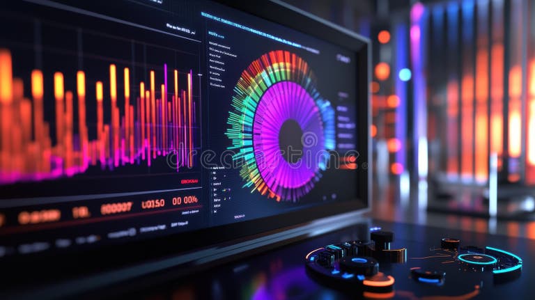 Futuristic Control Panel Showing Colorful Graphs and Data Visualization ...