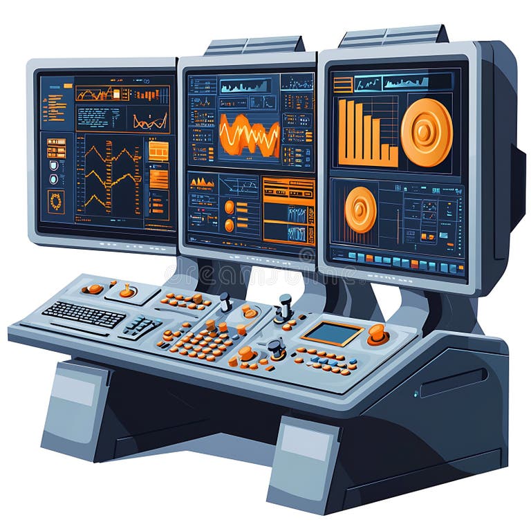 Futuristic Control Panel with Triple Monitor Display and Advanced ...