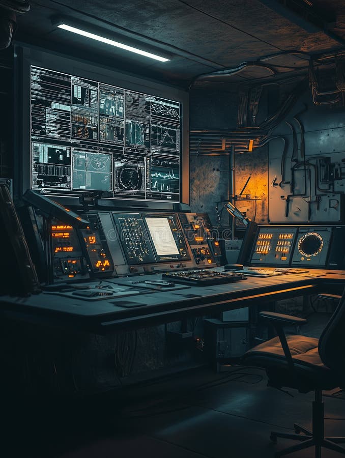 Futuristic Control Room with Advanced Technology Displays and Dim ...