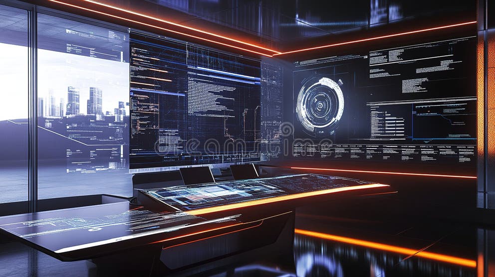 Futuristic Control Room with Advanced Technology Displays Overlooking a ...