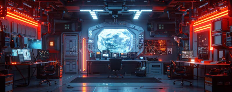 Futuristic Control Room with Advanced Technology and Earth View on ...
