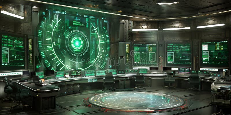 Futuristic Control Room with Advanced Technology and Green Interface ...