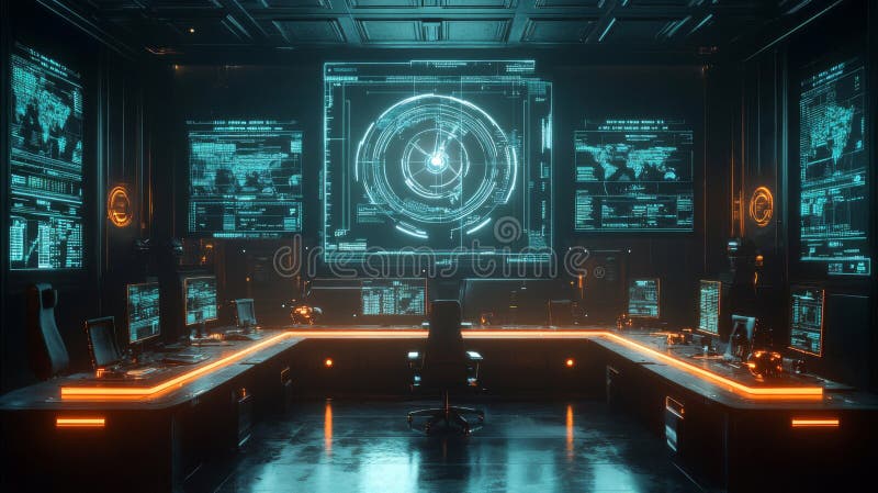Futuristic Control Room with Blue and Orange Neon Lighting Stock ...