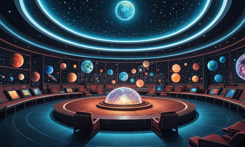 Futuristic Control Room with Circular Table, Glowing Dome, and ...