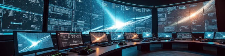Futuristic Control Room with Computer Screens Displaying Intergalactic ...