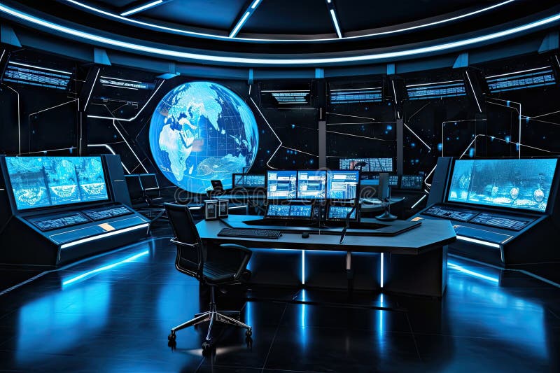 A Futuristic Control Room with Computers and a Large Screen Stock Image ...