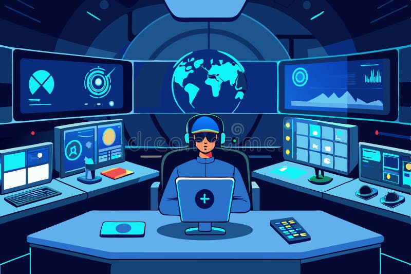 Futuristic Control Room with a Cybersecurity Operator Monitoring Global Data and Systems on ...