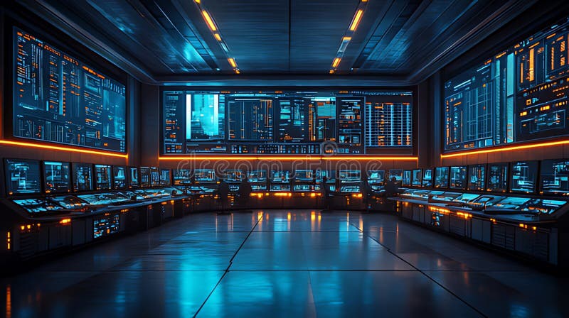 Futuristic Control Room, Data Monitoring, Servers, City View, Night Stock Illustration ...