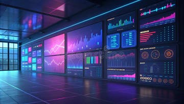 Futuristic Control Room with Data Visualizations on Large Screens. (1 Stock Illustration ...