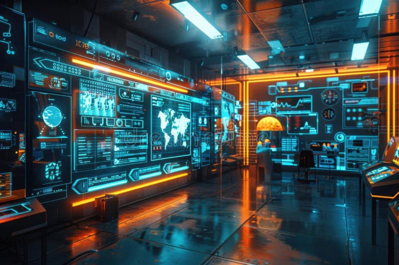 Futuristic Control Room with Digital Displays and Interfaces Stock ...